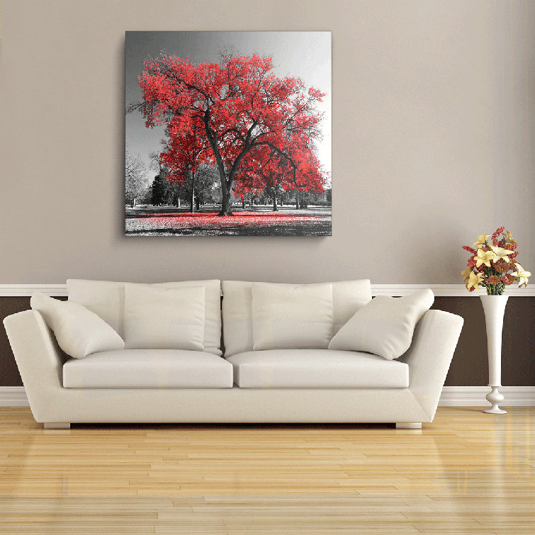 Winston Porter The Big Red Tree On A Black And White Landscape Framed On Canvas Photograph ...